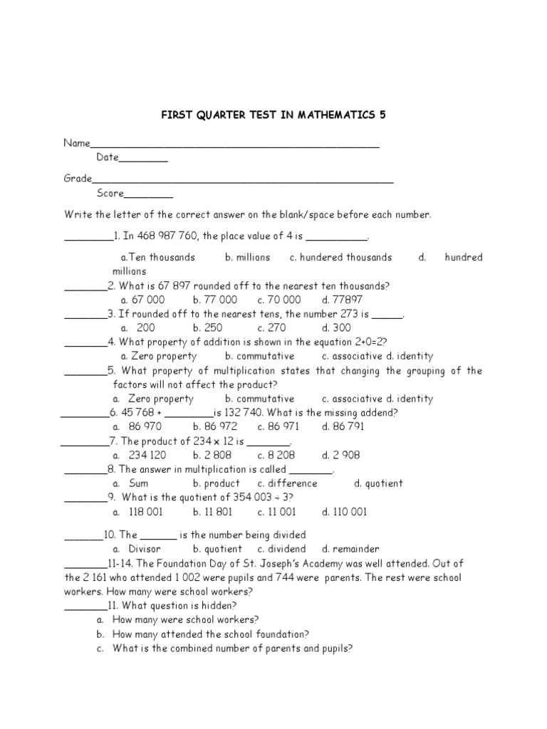 Grade 5 Math Test | PDF | Division (Mathematics) | Fraction (Mathematics)