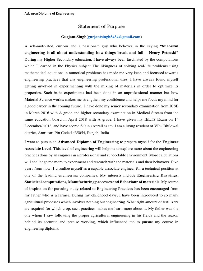 Engineering Diploma Statement of Purpose | PDF | Engineering ...