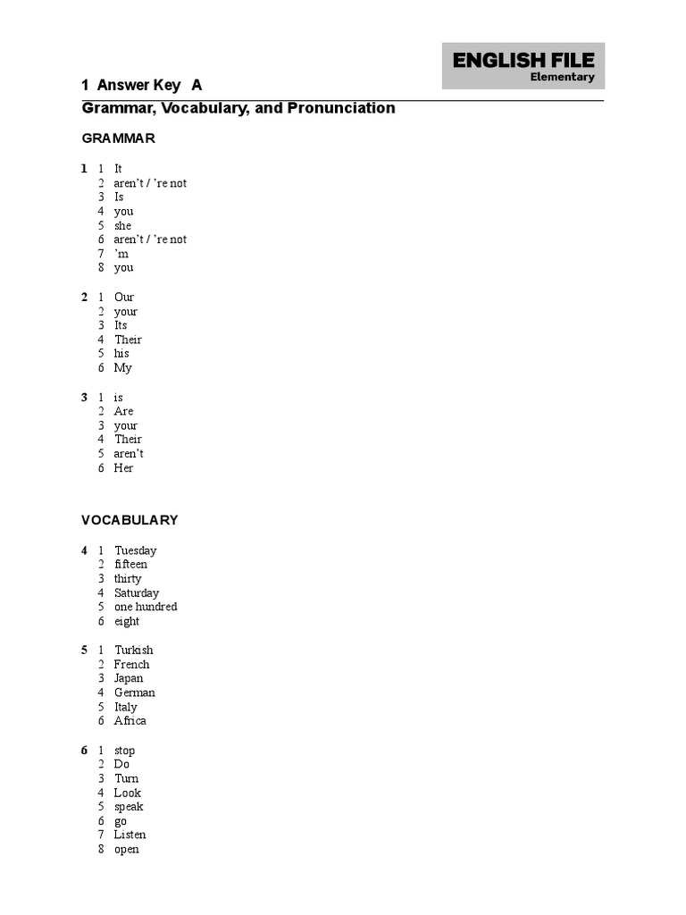 Answer Key for English Language Exercises | PDF | Vocabulary | Grammar