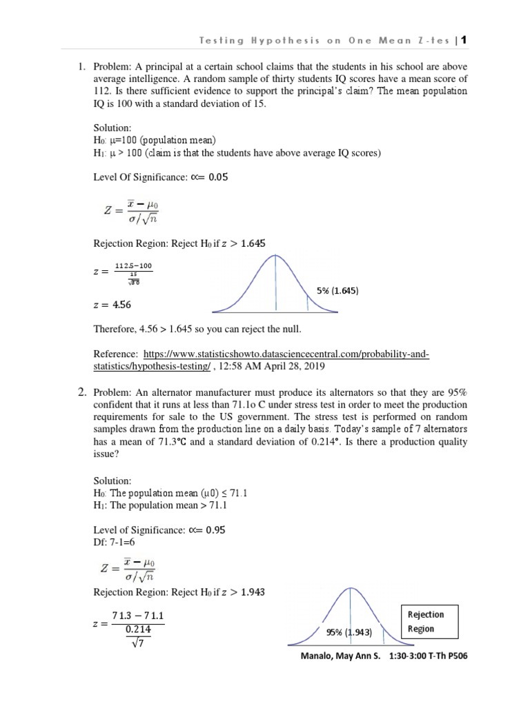 Hypothesis Testing for One Mean Analysis | PDF | Statistical Hypothesis ...