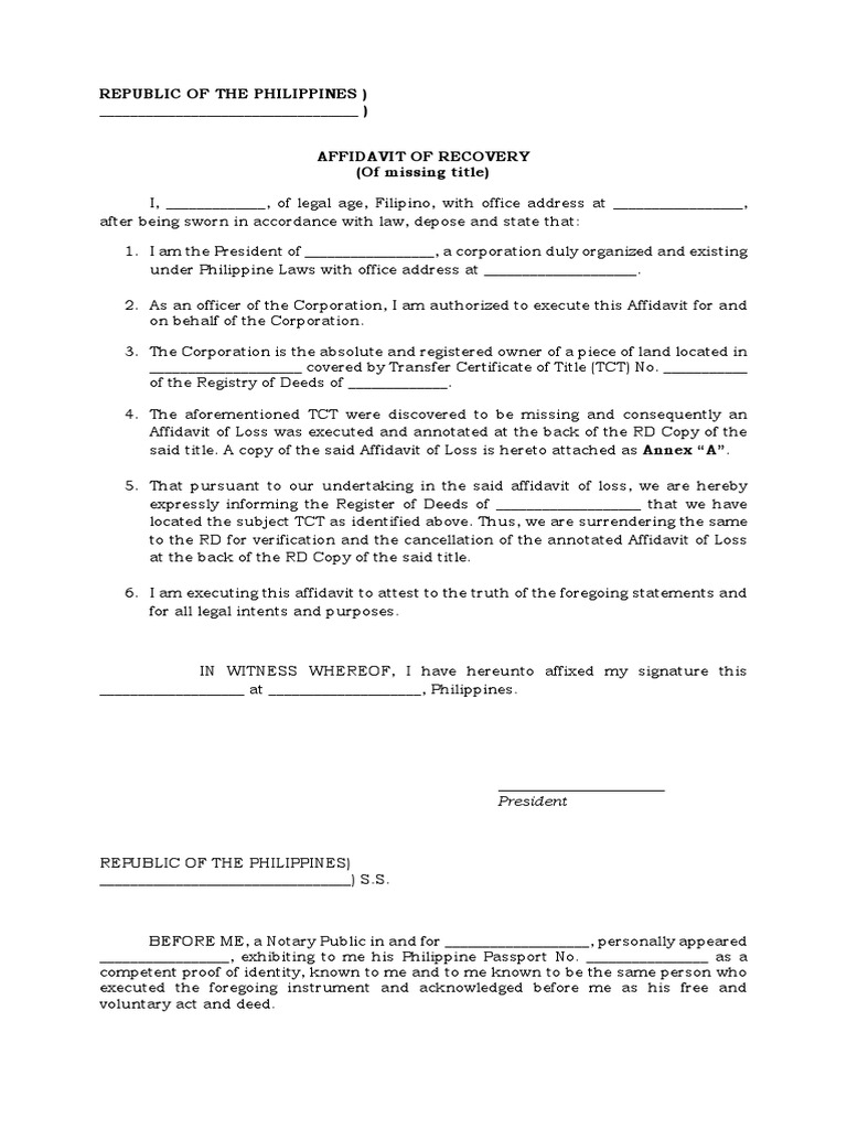 AFFIDAVIT of Recovery of Missing Title For Scribed | PDF