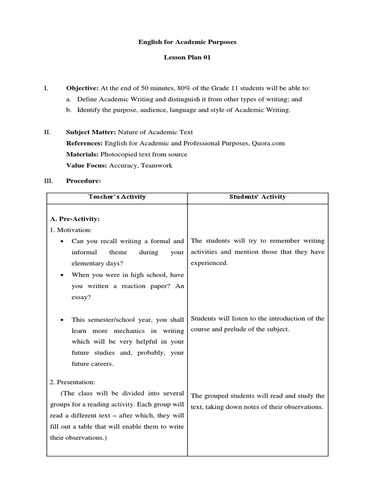 Lesson Plan 01 - Nature of Academic Text | PDF | Writers | Lesson Plan