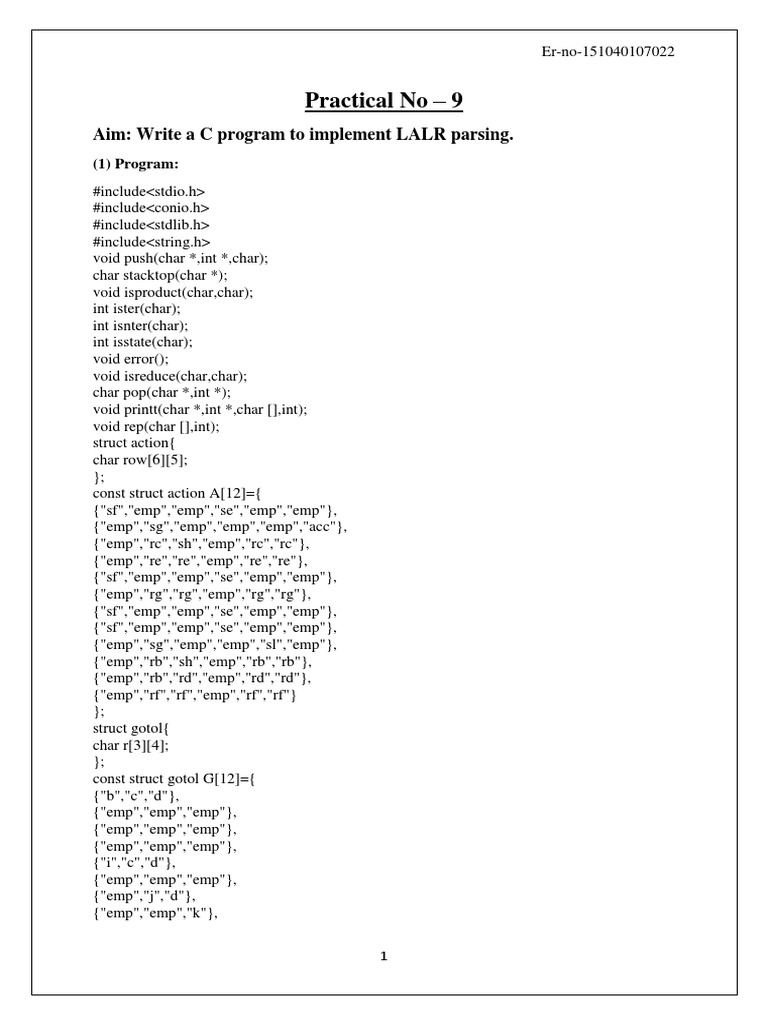 Practical No - 9: Aim: Write A C Program To Implement LALR Parsing | Download Free PDF ...