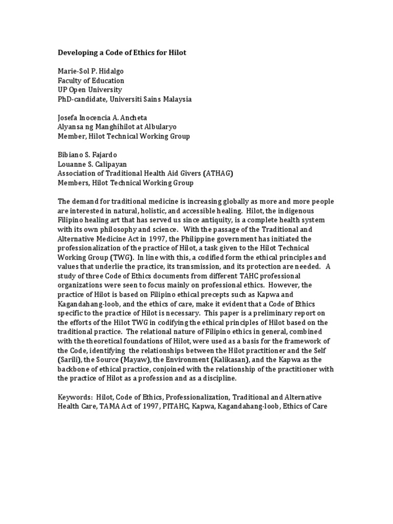 ABC Presentation Developing A Code of Ethics For Hilot | PDF