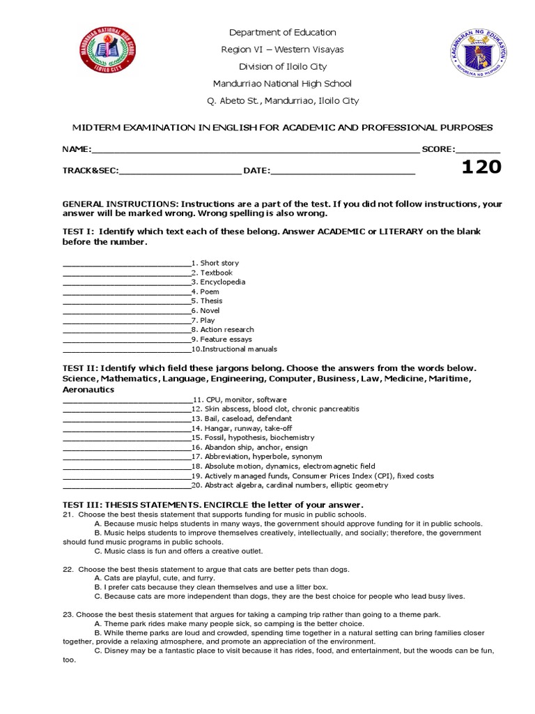 Midterm Examination in English For Academic and Professional Purposes ...