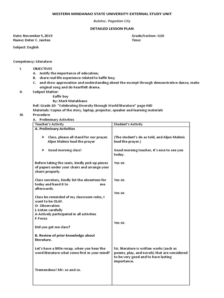 Detailed Lesson Plan Kaffir Boy | PDF | Racism | Discrimination & Race ...
