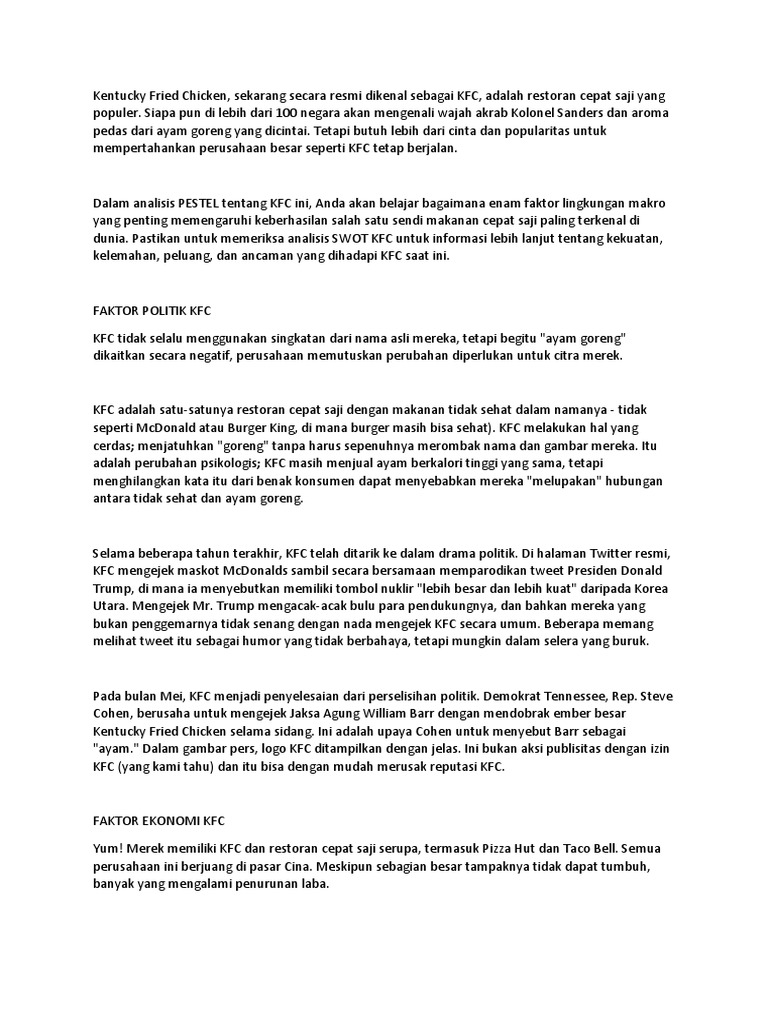 Analisis PEST KFC dan Faktor yang Mempengaruhi Bisnisnya | PDF