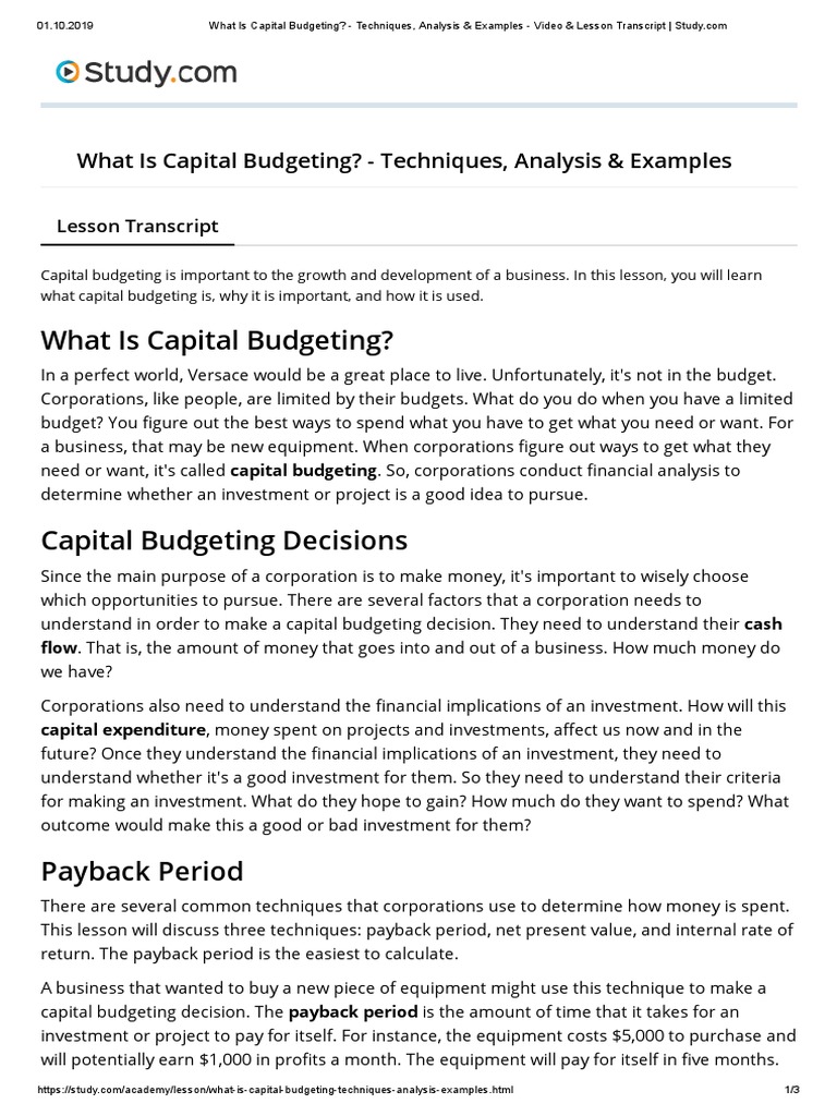 What Is Capital Budgeting? - Techniques, Analysis & Examples | PDF ...