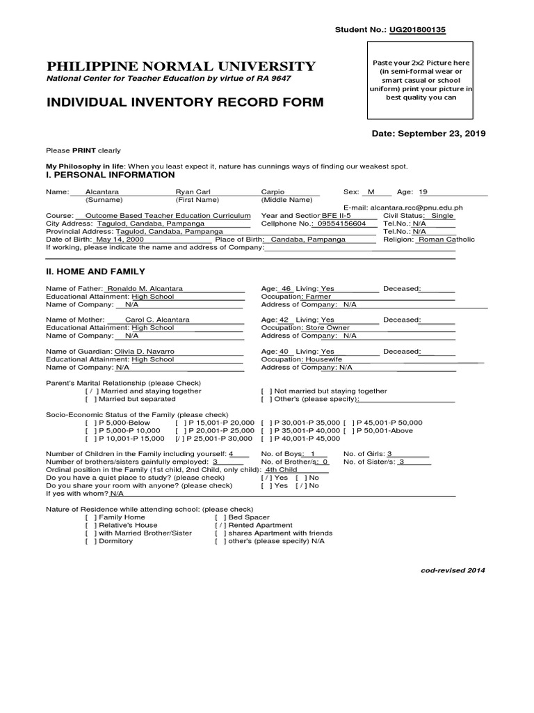 Individual Inventory Record Form Pnu | PDF | Social Institutions ...