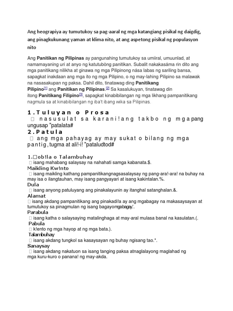 1.tuluyan o Prosa 2.patula: Pilipino | PDF