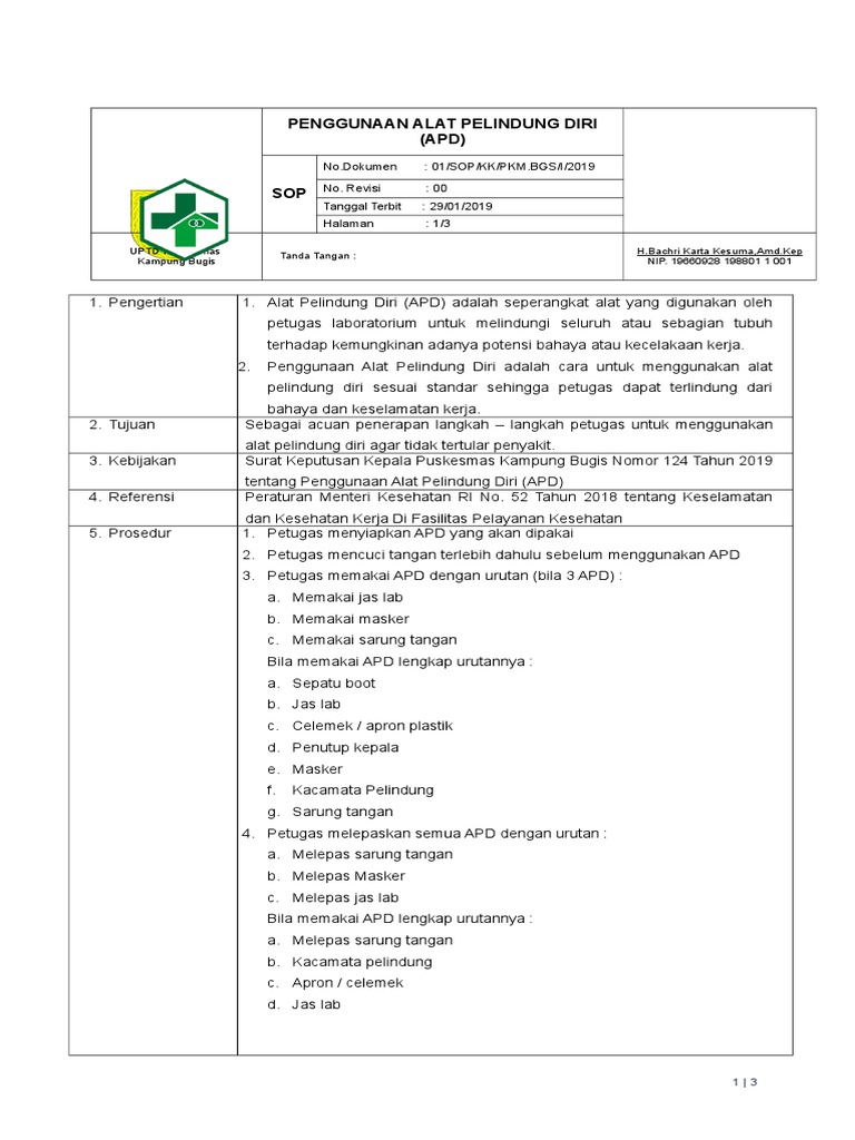 SOP APD untuk Petugas Puskesmas | PDF