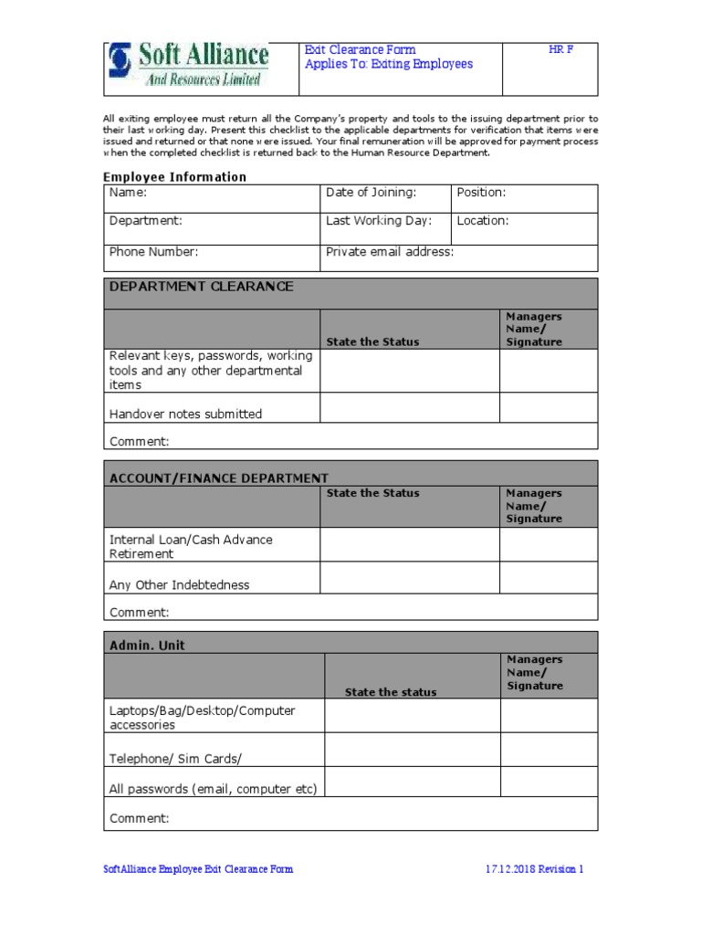 Sample of Exit Form | PDF | Human Resources | Telecommunications
