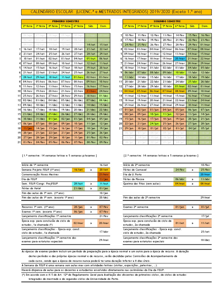 Calendario Escolar Academic Schedule FEUP 2019 2020 | PDF