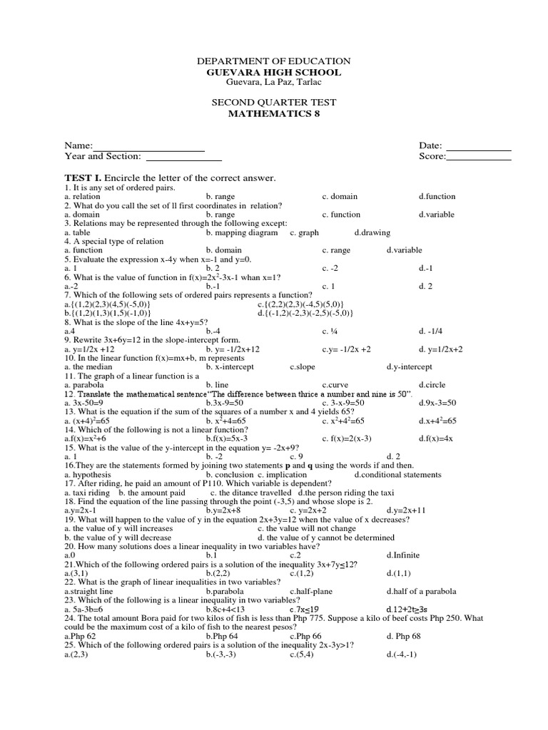 2nd. Qtr. Test | PDF | Equations | Function (Mathematics)
