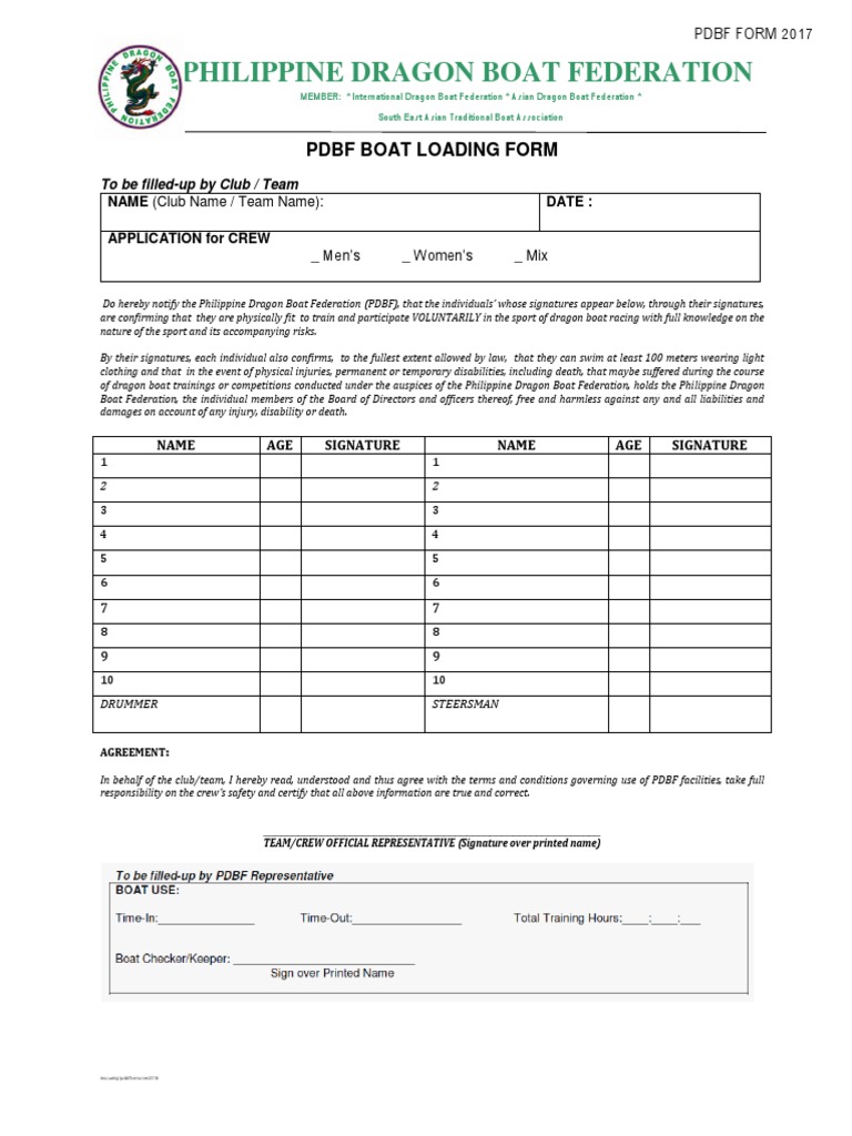 Philippine Dragon Boat Federation: Team Waiver and Crew List Form | PDF ...