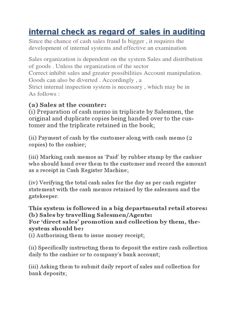 Internal Check As Regard of Sales in Auditing | PDF | Cheque | Receipt