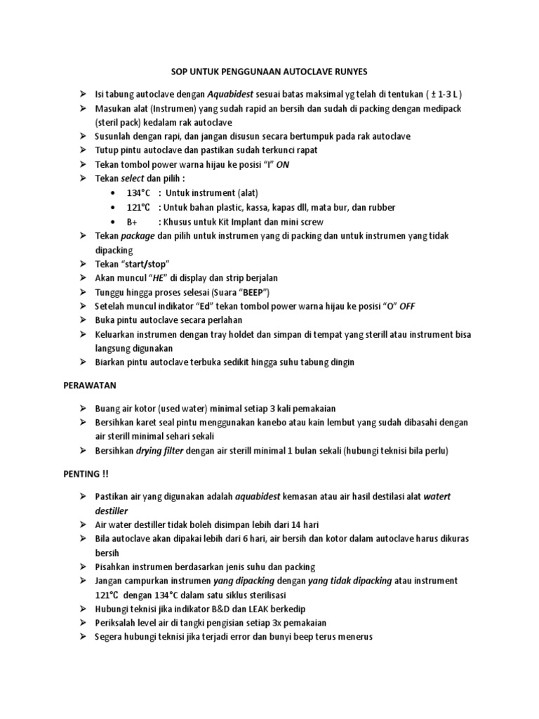 Sop Untuk Penggunaan Autoclave Runyes | PDF