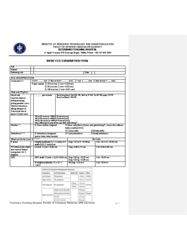 Basic Ecg Examination Form: Veterinary Teaching Hospital | Download ...