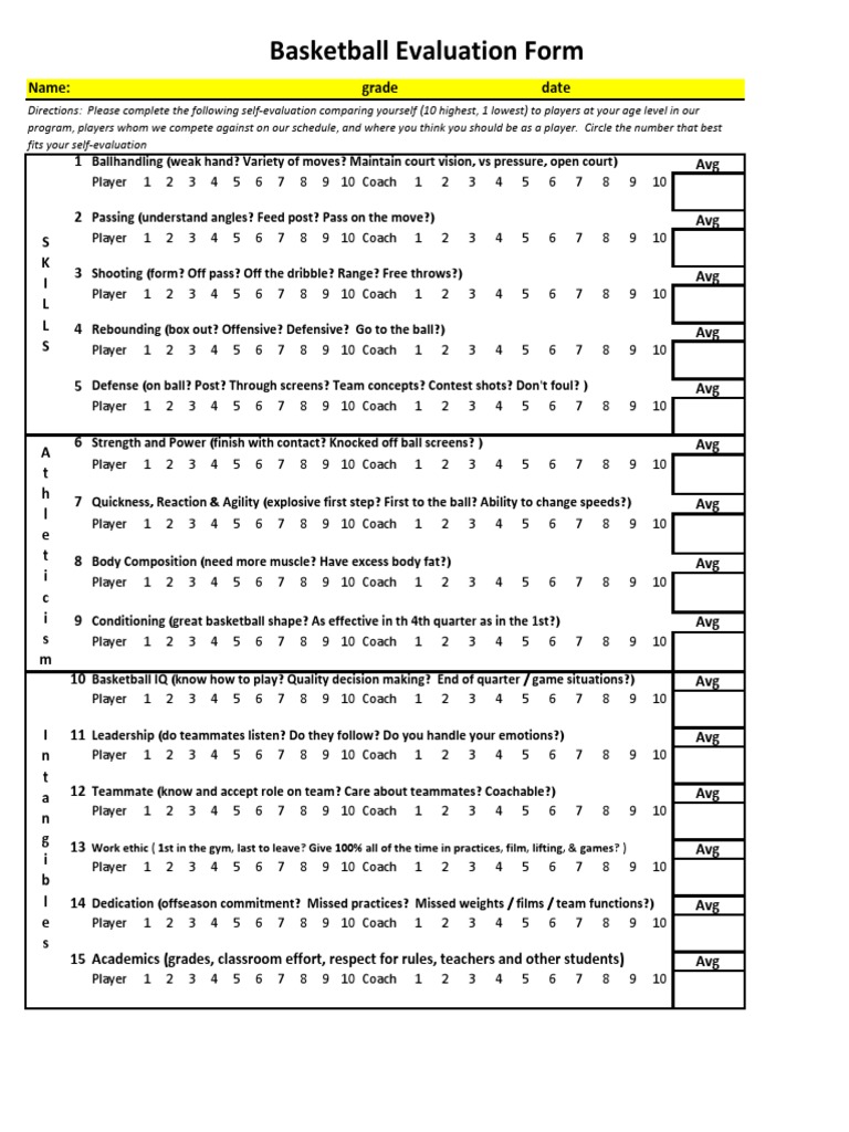 Basketball Evaluation Forms | PDF | Games Of Physical Skill | Athletic ...