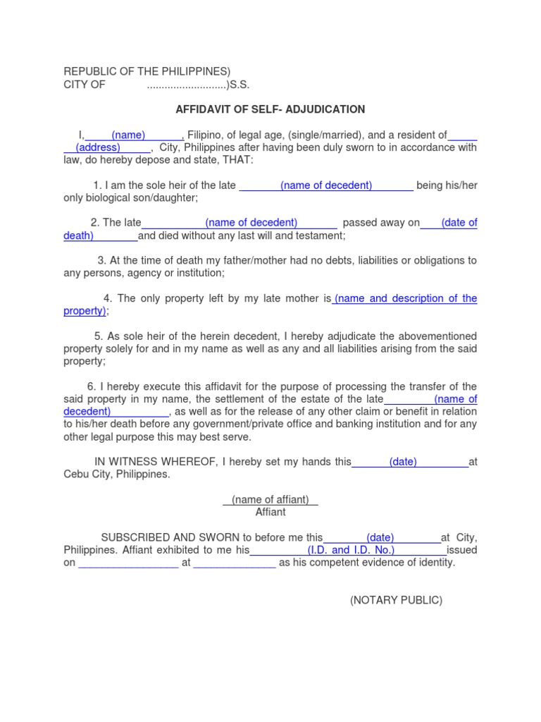 Affidavit of Self-Adjudication Sample | PDF