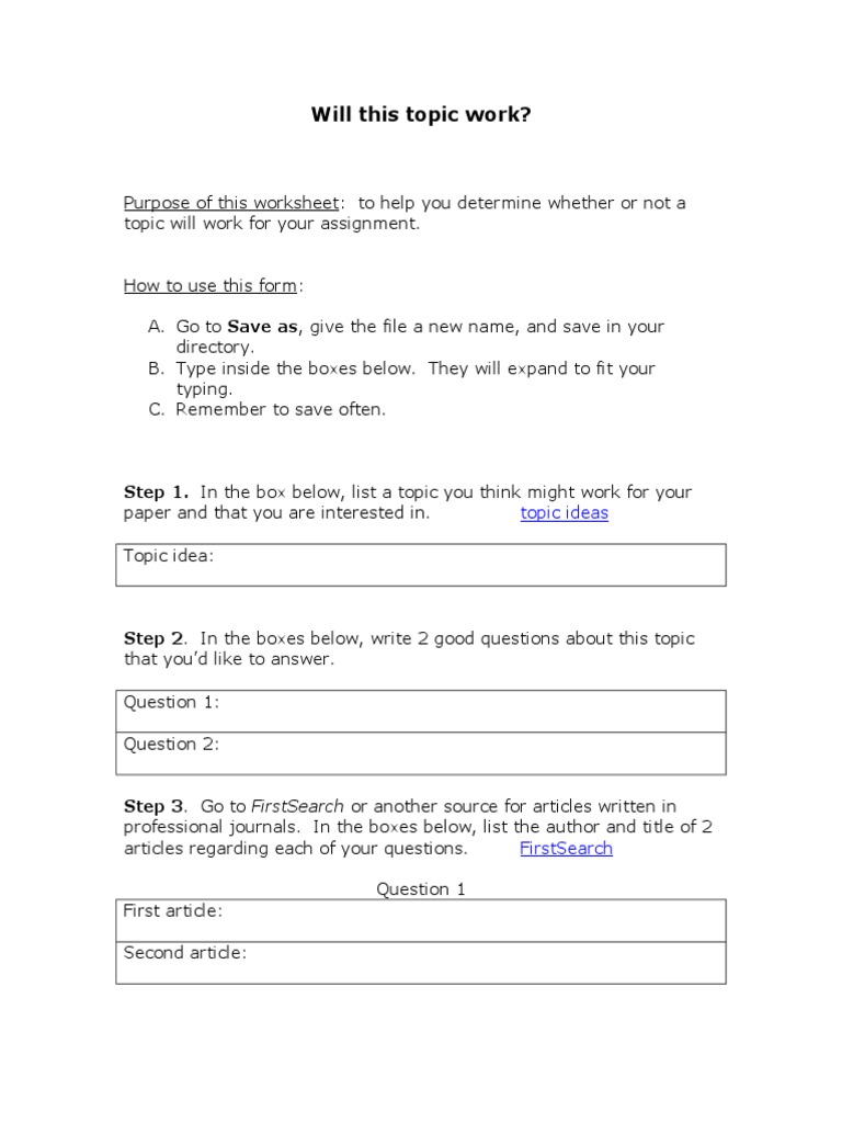 Will This Topic Work?: Step 1. in The Box Below, List A Topic You Think ...