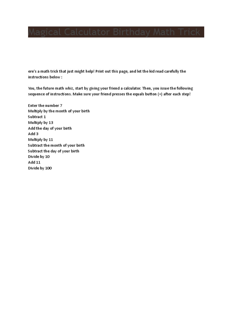 Magical Calculator Birthday Math Trick | PDF | Teaching Mathematics ...