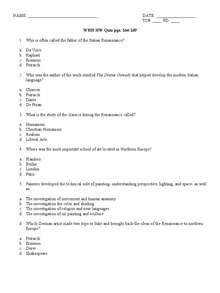 WHH HW Quiz Pgs 164-169 | PDF | Renaissance | Humanism