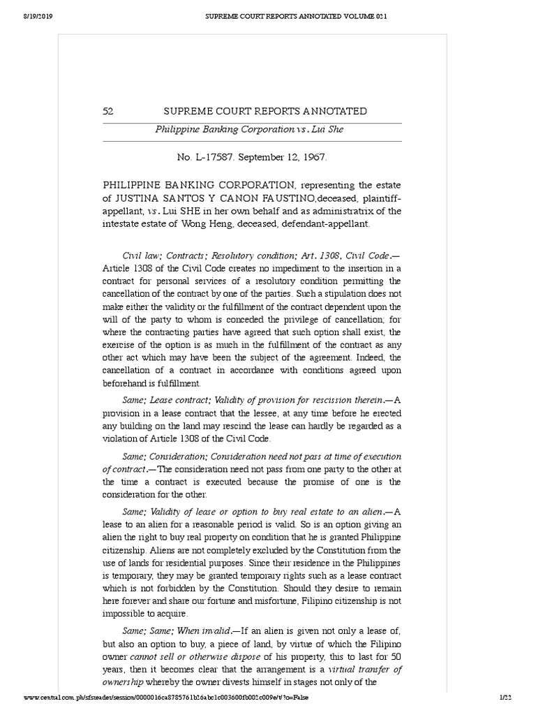 02-PBC v. Lui She, 21 SCRA 52 (1967) - Escra PDF | PDF | Lease | Ownership