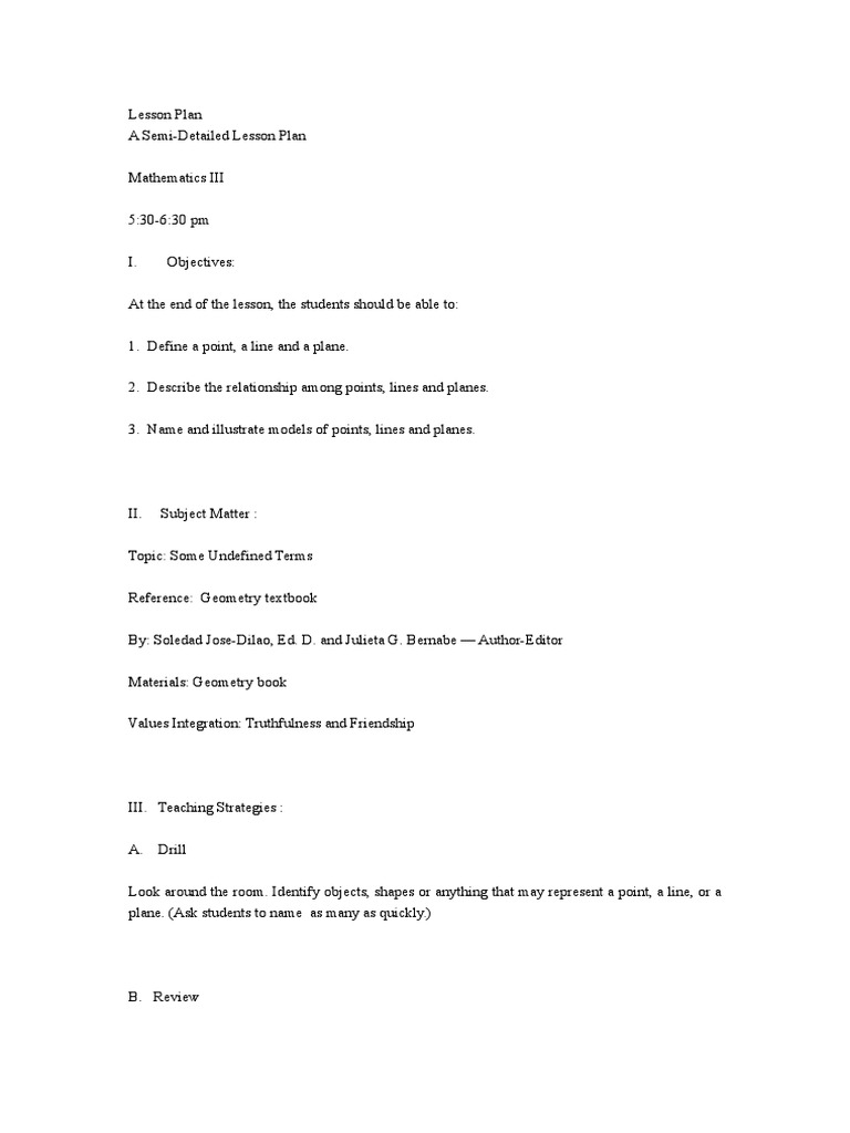 Semi Detailed Lesson Plan Points, Lines Planes | PDF | Teaching Methods ...