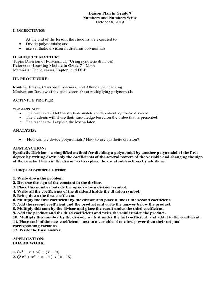 Synthetic Division Lesson Plan for Grade 7 | PDF | Division ...