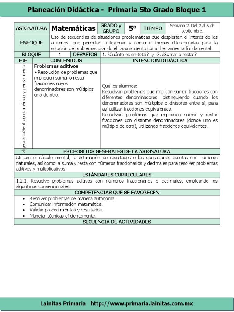 Plan 5to Grado - Bloque 1 Matemáticas (2016-2017) | PDF | División (Matemáticas) | Fracción ...