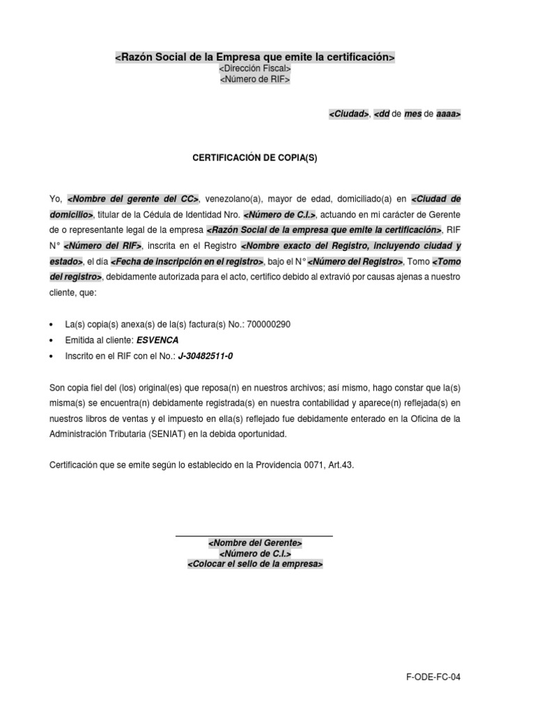 Formato Carta de Certificacion de Copias de Facturas | PDF