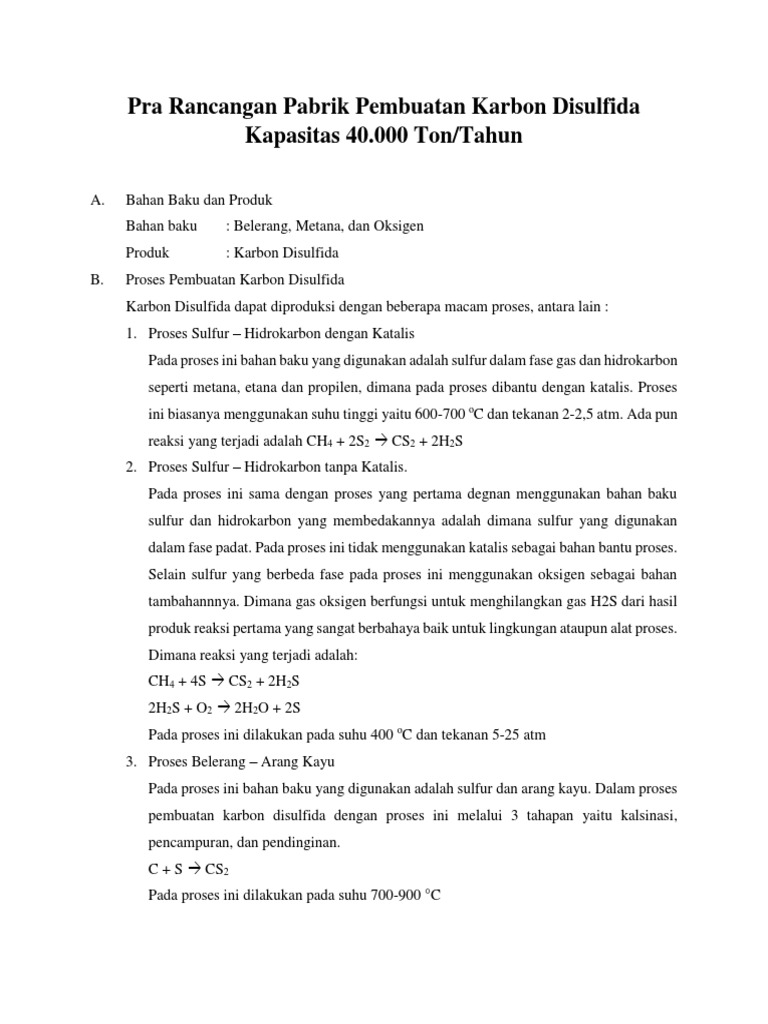 Pra Rancangan Pabrik Pembuatan Karbon Disulfida Kapasitas 40 | PDF