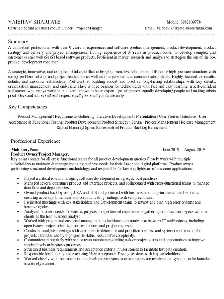 Product Owner - Vaibhav - Resume | PDF | Scrum (Software Development) | Agile Software Development