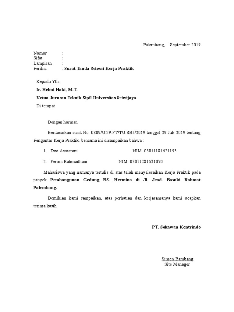 Surat Selesai KP | PDF