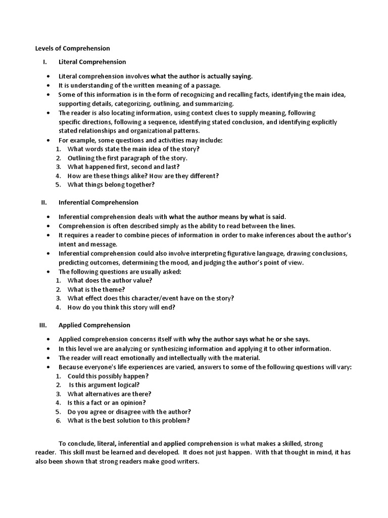 Levels of Comprehension | Reading Comprehension | Question