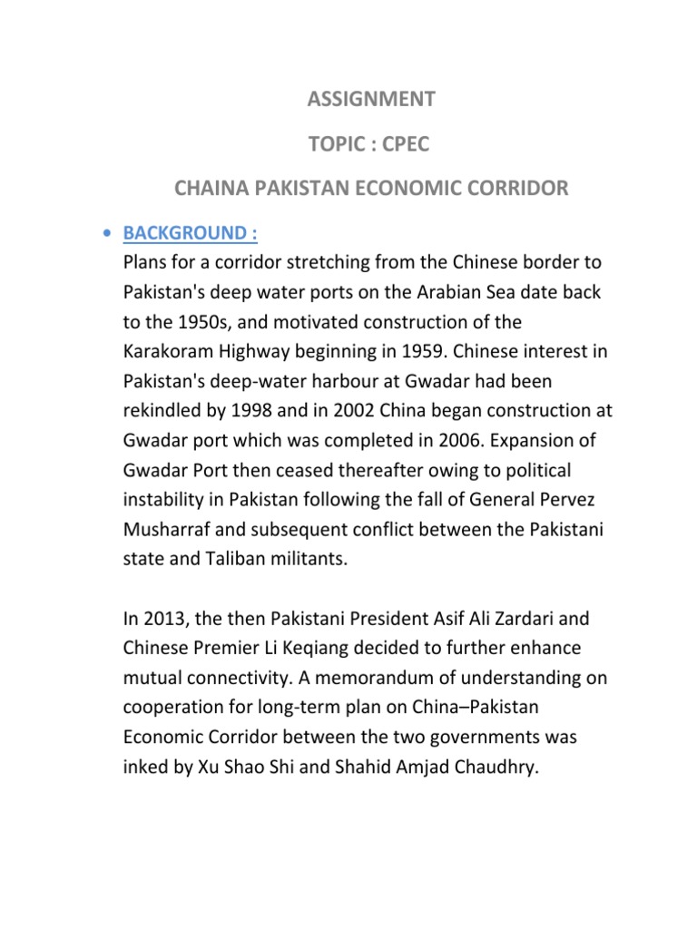 Assignment Topic: Cpec Chaina Pakistan Economic Corridor: Background | PDF | Pakistan | Economies
