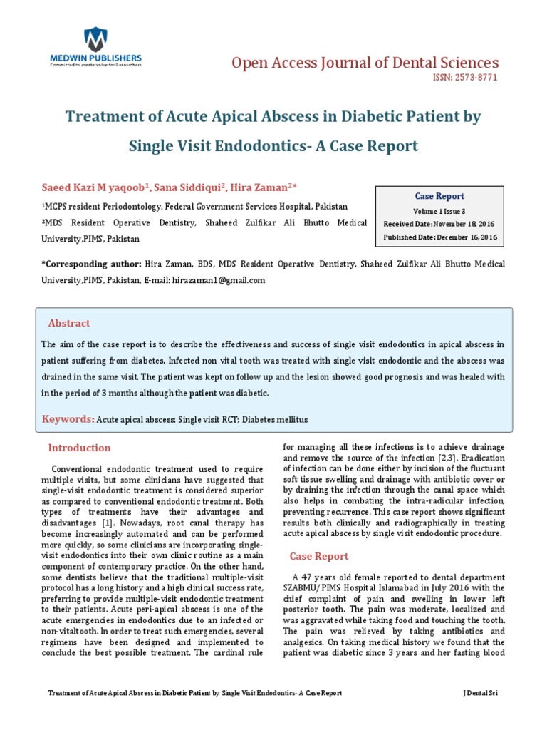 Treatment of Acute Apical Abscess in Diabetic Patient by Single Visit ...