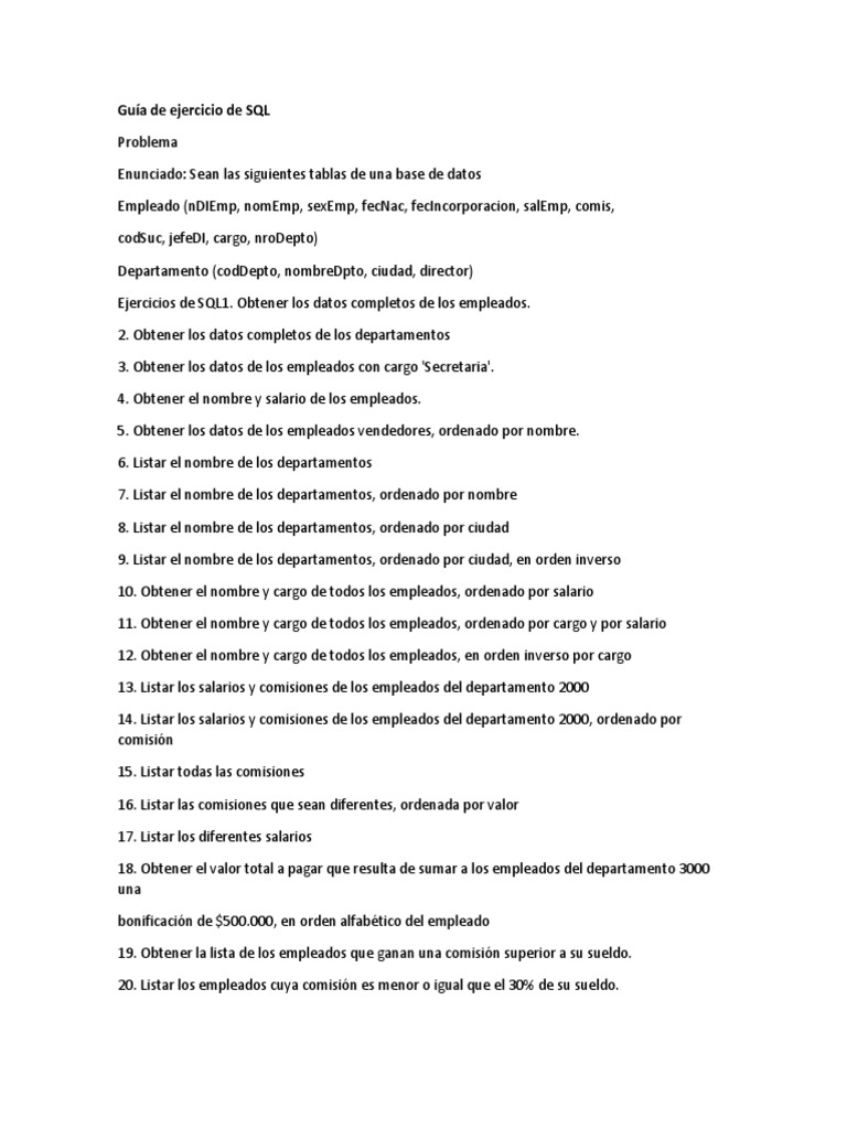 Ejercicios SQL | Descargar gratis PDF | Salario | SQL
