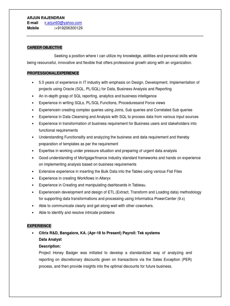 Arjun Resume Data Analyst | PDF | Oracle Database | Pl/Sql