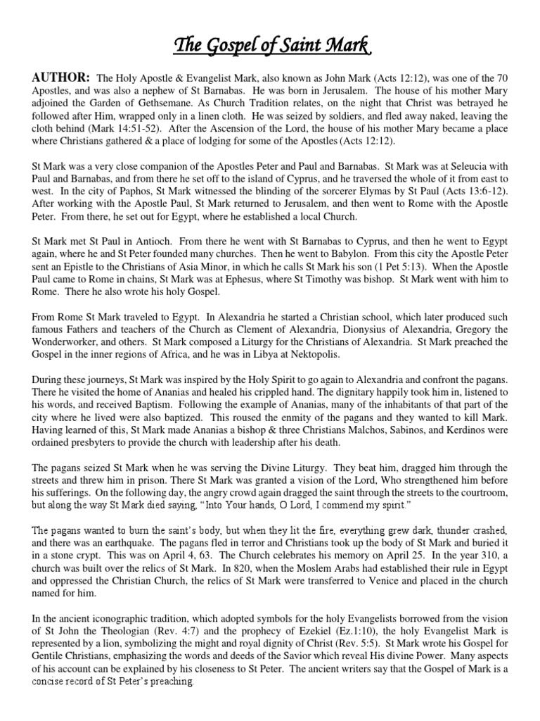 The Gospel of Saint Mark Outline | PDF | Gospel Of Mark | Jesus