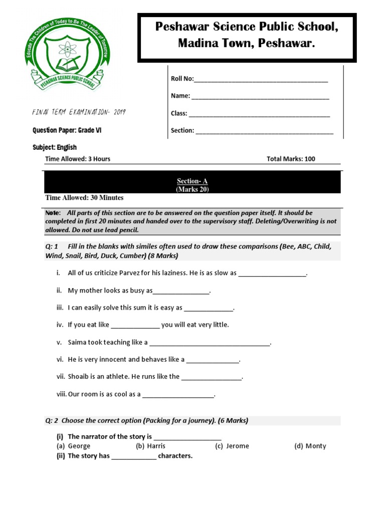 Section A - Class 6 English Paper Final Term | PDF