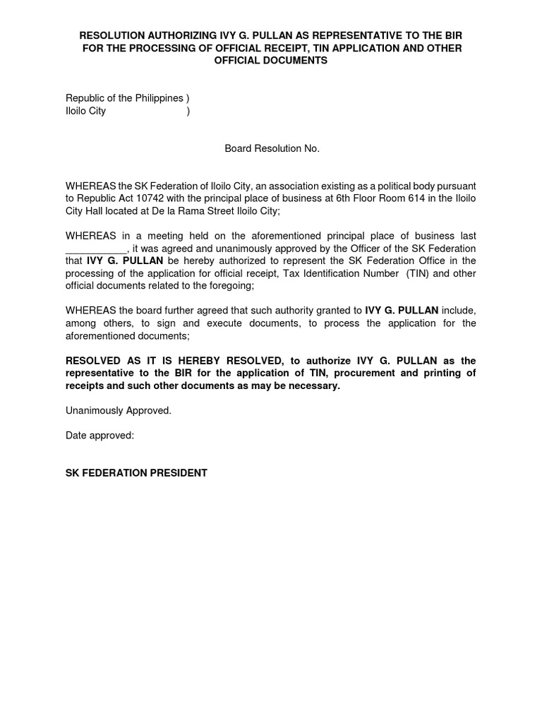 Resolution for Authority to Print Receipt