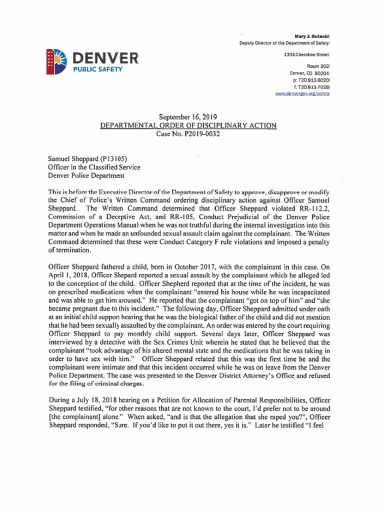 Denver Police Department Discipline Letter: Officer Samuel Sheppard