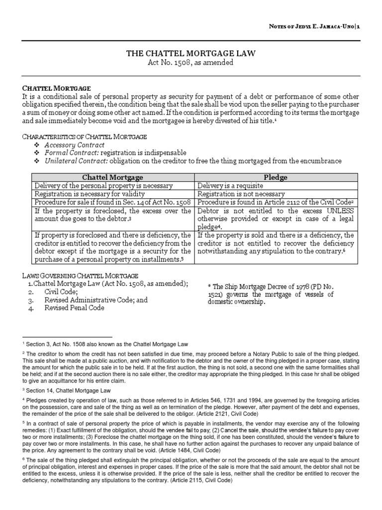 Notes On Chattel Mortgage Law | PDF | Mortgage Law | Foreclosure
