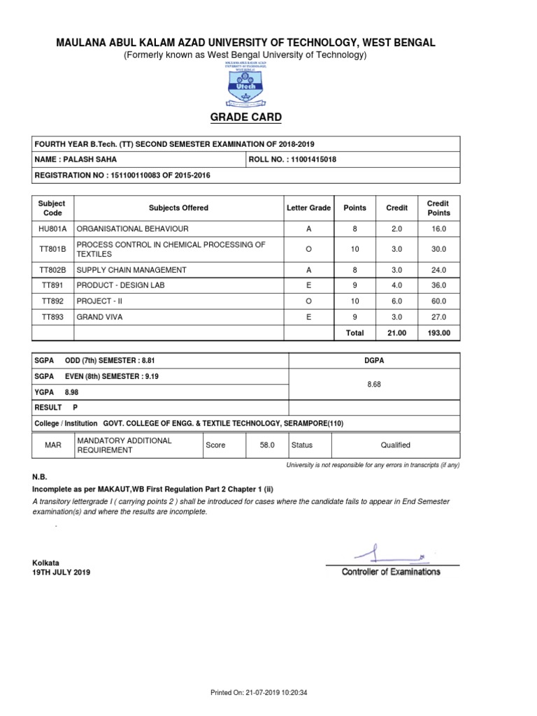 8th Sem Marksheet | PDF | Academia