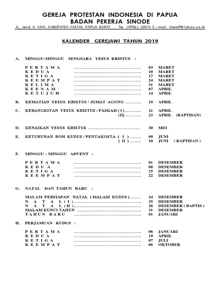 Kalender Gerejawi Tahun 20019 | PDF