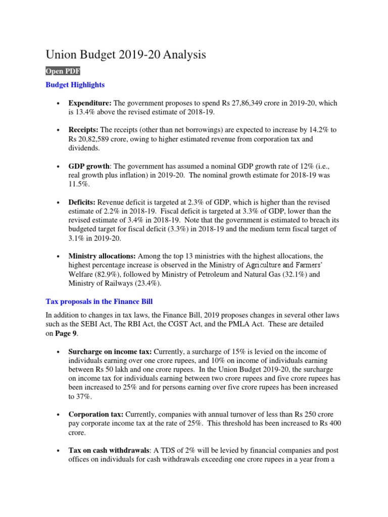 Union Budget 2019-20 | PDF | Government Budget Balance | Fiscal Policy