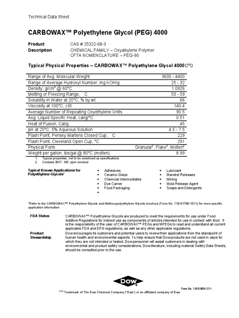 Peg 4000 Dow | PDF | Polyethylene Glycol | Physical Sciences