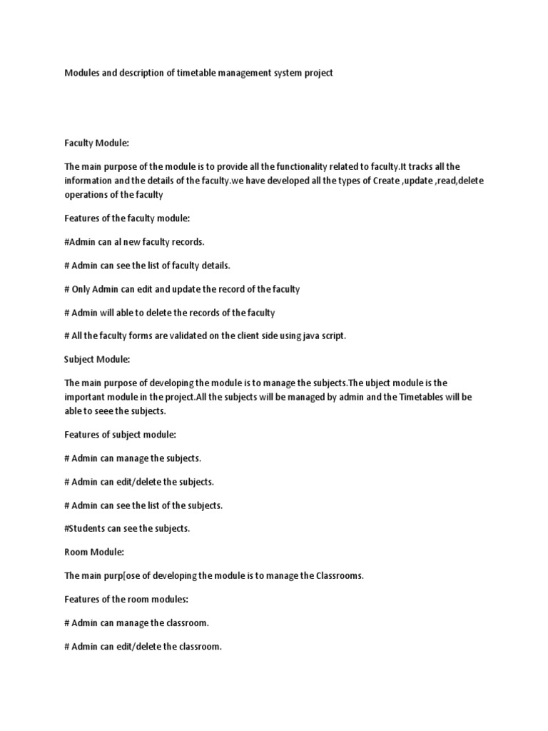 Modules and Description of Timetable Management System Project | PDF